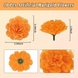 30 pcs Artificial Marigold Flowers,3.54" Silk Marigold Flower Heads,Orange Flowers Artificial for Decoration,Marigold Heads for Parties,Indian Wedding,Indian Theme,Diwali Home Decor DIY Wreath Garland