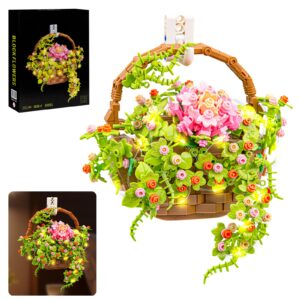 sathibi flower bouquet building set, flowers basket bonsai plants with led light, botanical collection wall decor, creative building toy gift for adults kids (691 pcs)