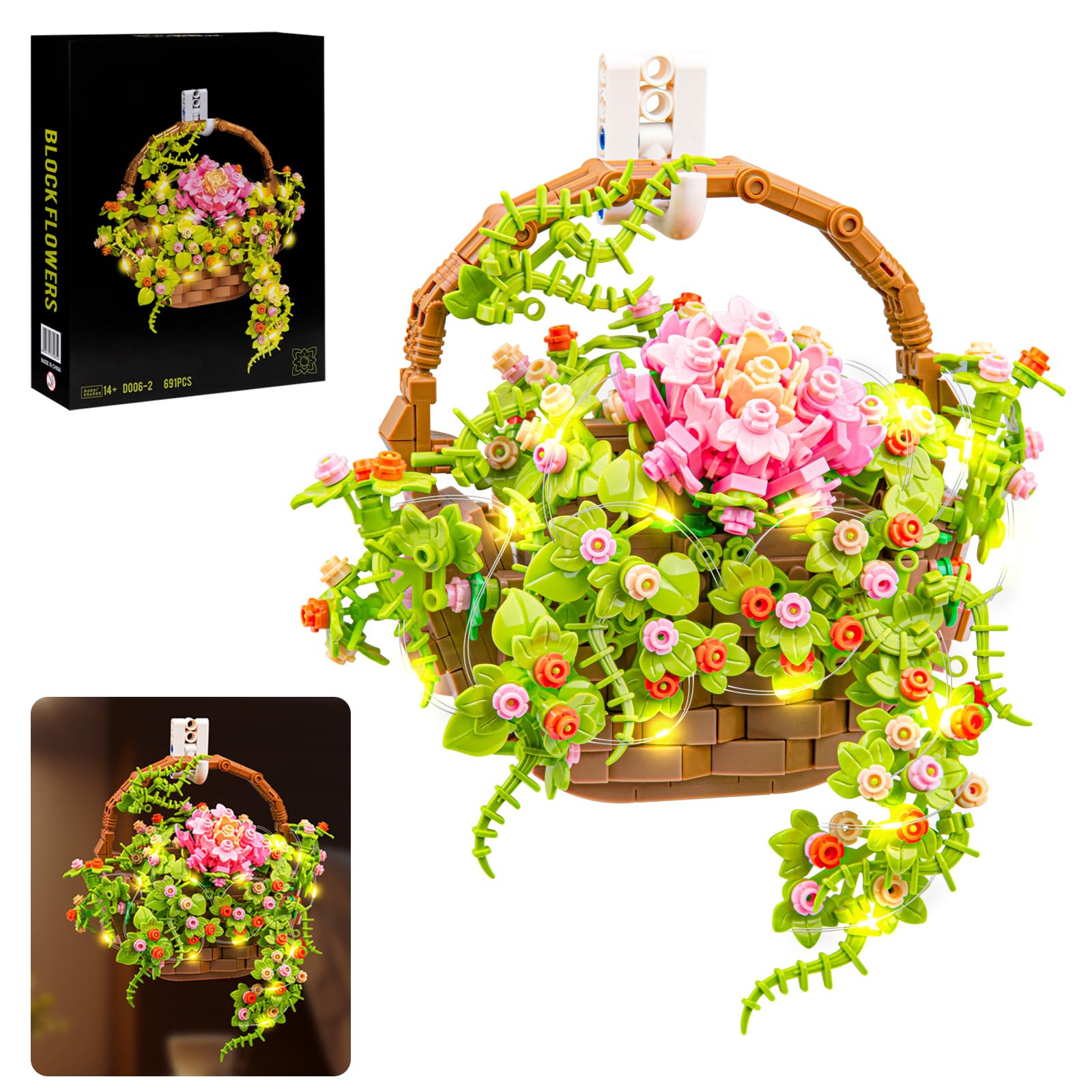 SATHIBI Flower Bouquet Building Set, Flowers Basket Bonsai Plants with LED Light, Botanical Collection Wall Decor, Creative Building Toy Gift for Adults Kids (691 PCS)