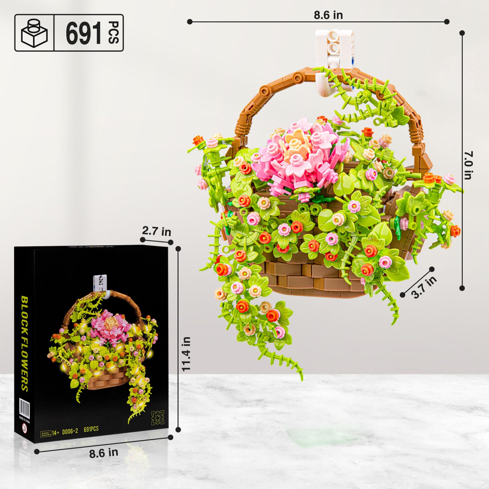 SATHIBI Flower Bouquet Building Set, Flowers Basket Bonsai Plants with LED Light, Botanical Collection Wall Decor, Creative Building Toy Gift for Adults Kids (691 PCS)