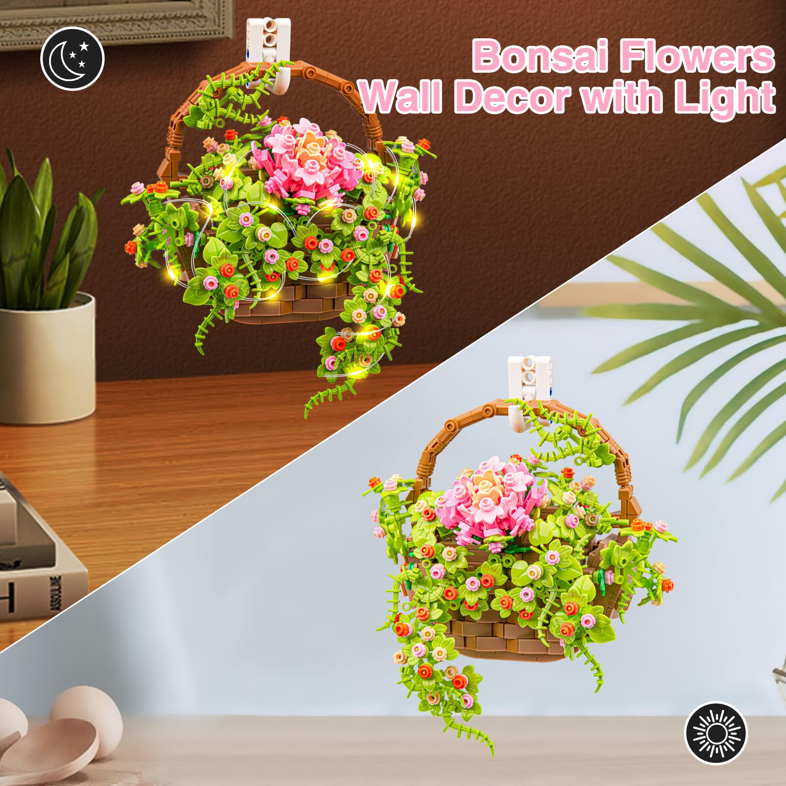 SATHIBI Flower Bouquet Building Set, Flowers Basket Bonsai Plants with LED Light, Botanical Collection Wall Decor, Creative Building Toy Gift for Adults Kids (691 PCS)