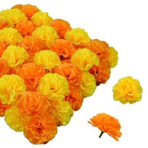 dh eyb carnation artificial flowers bulk, 50pcs silk carnation fake flower heads with stem for home wedding decorations diy wreath garland crafts wedding party (yellow and orange)