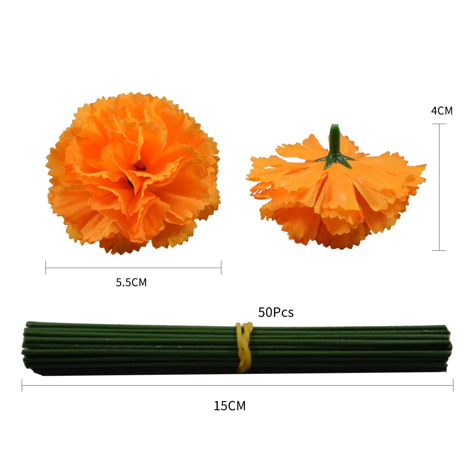 DH EYB Carnation Artificial Flowers Bulk, 50PCS Silk Carnation Fake Flower Heads with Stem for Home Wedding Decorations DIY Wreath Garland Crafts Wedding Party (Yellow and Orange)