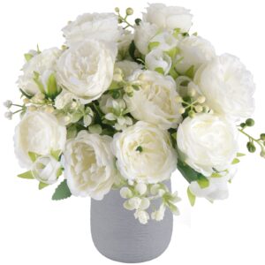 artificial peonies silk flowers, white faux peony bouquet 4 bundles florals arrangements decor for farmhouse home boho wedding table centerpiece, fake plastic flowers bulk vase decoration (white)