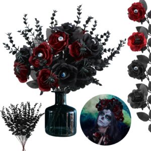 hotop 40 pcs halloween artificial bloody roses with eyeball flower bouquet set with faux eyeball flowers black rose with spiders black artificial eucalyptus stems halloween flowers bulk arrangements