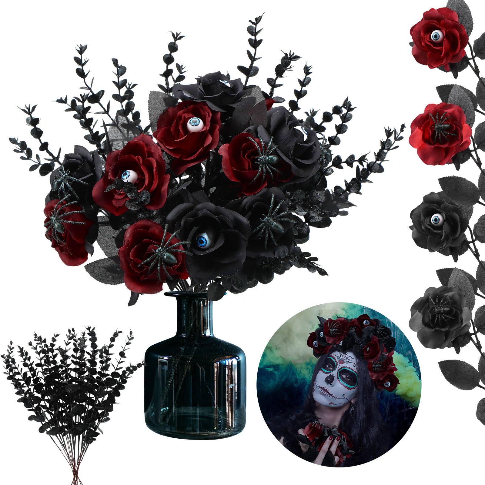 Hotop 40 Pcs Halloween Artificial Bloody Roses with Eyeball Flower Bouquet Set with Faux Eyeball Flowers Black Rose with Spiders Black Artificial Eucalyptus Stems Halloween Flowers Bulk Arrangements