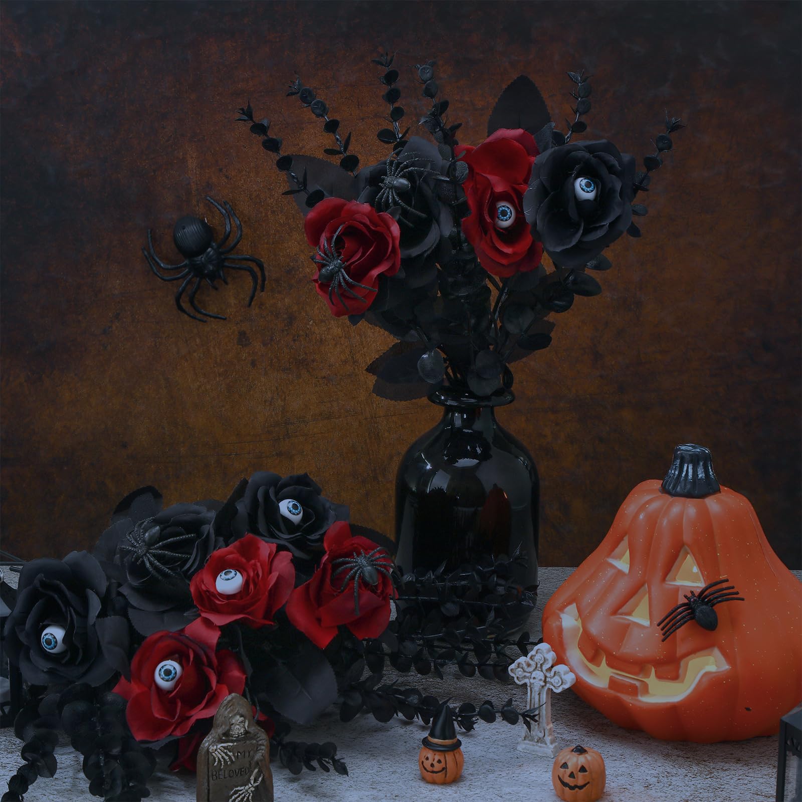 Hotop 40 Pcs Halloween Artificial Bloody Roses with Eyeball Flower Bouquet Set with Faux Eyeball Flowers Black Rose with Spiders Black Artificial Eucalyptus Stems Halloween Flowers Bulk Arrangements