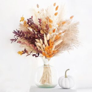 huminbo fall decor autumn decorations for home thanksgiving table boho flowers orange pampas grass fluffy dried flower bouquet dry pompas 17"-95-pcs pompous (orange)