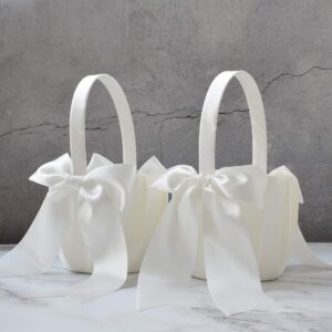 ATAILOVE 2 Pcs Flower Girl Basket Set- Cute Cherish Wedding Flower Baskets (Ivory)