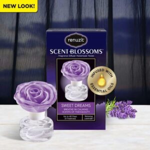 Renuzit Scent Blossoms Fragrance Diffuser with Handmade Flower Variety 3 Pack, Sweet Dreams Relaxing Lavender (2) Pure Refresh Ocean Breeze (1) Made with Essential Oils, Bonus Party-pom Tissue Packet