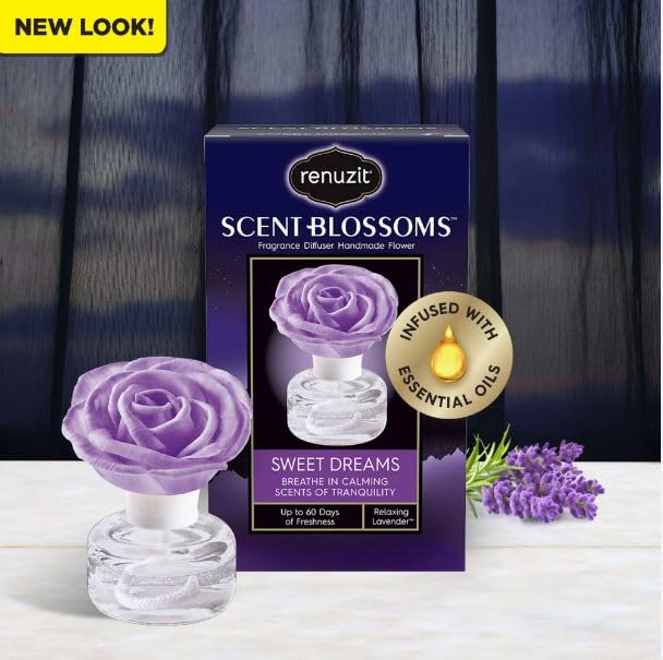 Renuzit Scent Blossoms Fragrance Diffuser with Handmade Flower Variety 3 Pack, Sweet Dreams Relaxing Lavender (2) Pure Refresh Ocean Breeze (1) Made with Essential Oils, Bonus Party-pom Tissue Packet