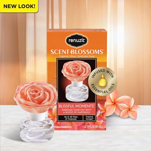 Renuzit Scent Blossoms Fragrance Diffuser with Handmade Flower Variety 3 Pack, Sweet Dreams Relaxing Lavender (2) Pure Refresh Ocean Breeze (1) Made with Essential Oils, Bonus Party-pom Tissue Packet