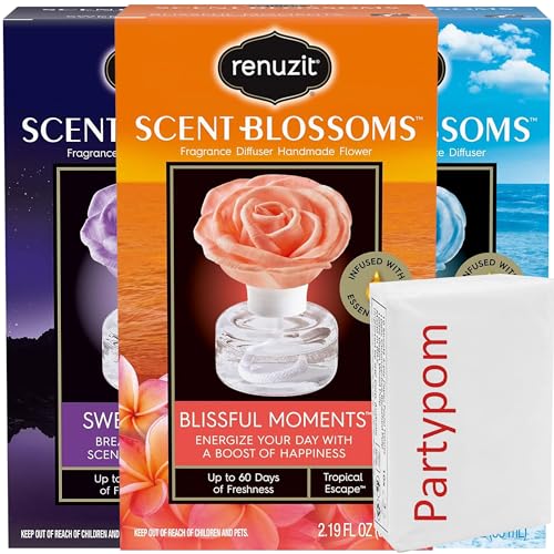 Renuzit Scent Blossoms Fragrance Diffuser with Handmade Flower Variety 3 Pack, Sweet Dreams Relaxing Lavender (2) Pure Refresh Ocean Breeze (1) Made with Essential Oils, Bonus Party-pom Tissue Packet