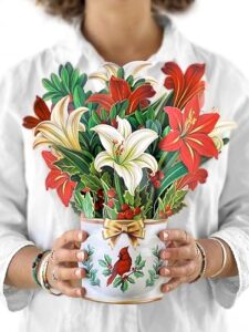 freshcut paper pop up cards, winter joy, 12 inch life sized forever flower bouquet 3d popup greeting cards, christmas cards, holiday gift cards with note card and envelope