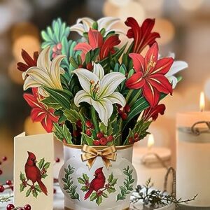 Freshcut Paper Pop Up Cards, Winter Joy, 12 Inch Life Sized Forever Flower Bouquet 3D Popup Greeting Cards, Christmas Cards, Holiday Gift Cards with Note Card and Envelope