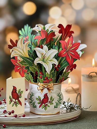 Freshcut Paper Pop Up Cards, Winter Joy, 12 Inch Life Sized Forever Flower Bouquet 3D Popup Greeting Cards, Christmas Cards, Holiday Gift Cards with Note Card and Envelope