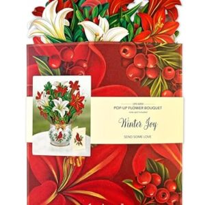 Freshcut Paper Pop Up Cards, Winter Joy, 12 Inch Life Sized Forever Flower Bouquet 3D Popup Greeting Cards, Christmas Cards, Holiday Gift Cards with Note Card and Envelope