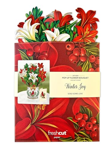 Freshcut Paper Pop Up Cards, Winter Joy, 12 Inch Life Sized Forever Flower Bouquet 3D Popup Greeting Cards, Christmas Cards, Holiday Gift Cards with Note Card and Envelope