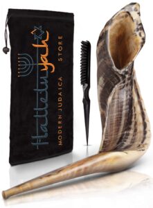 shofar from israel 16"-18": kosher odorless ram horn shofar | smooth mouthpiece for easy blowing | include velvet bag, clean brush and shofar guide - made in israel by halleluyah