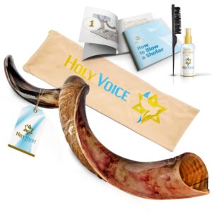 kosher kudu shofar horn from israel – traditional half polished yemeni shofar includes carrying bag, brush, anti odor spray and blowing guide - holy easy blowing ancient musical instrument (36"-39")