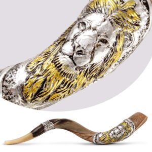 shofar with"lion of judah" decoration | 925 sterling silver & 9k gold plated kudu horn shofar 20"-24" from israel | curved combo yemenite shofar horn – made in israel by halleluyah artists