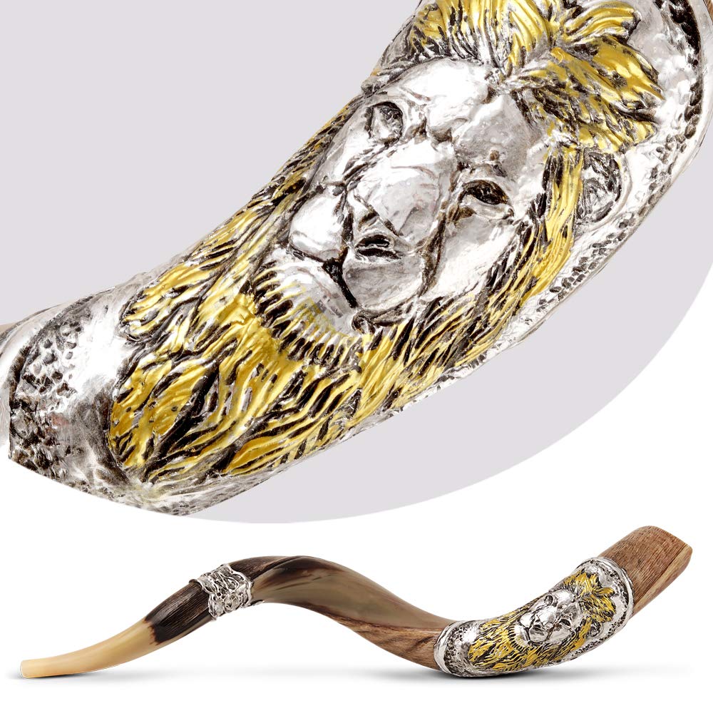 Shofar with"Lion of Judah" Decoration | 925 sterling silver & 9K Gold Plated Kudu Horn Shofar 20"-24" From Israel | Curved Combo Yemenite Shofar Horn – Made in Israel by HalleluYAH Artists