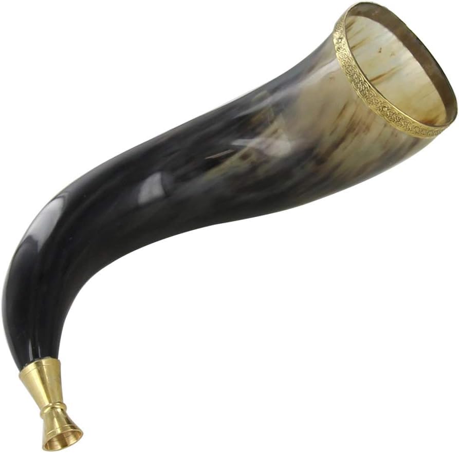 Armory Replicas Handmade Authentic Natural Gjallarhorn War Trumpet Medieval Inspired Functional Prop Real Cow Bovine Viking Blowing Horn w/Carved Brass Collar