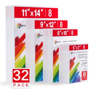 simetufy canvas boards for painting 32 pack, paint canvas panels set - 5x7, 8x10, 9x12, 11x14 inches, pre-primed 100% cotton blank canvases for oil acrylic watercolor pouring paint for kids & artists