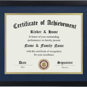 ELSKER&HOME 8.5x11 Certificate Frame with Blue Mat- Classic Black Color Frame - Displays Diploma 8.5x11 Inch with Mat - 11x14 Inch Without Mat - For Document/Photo(Double Mat Blue with Gold Rim)