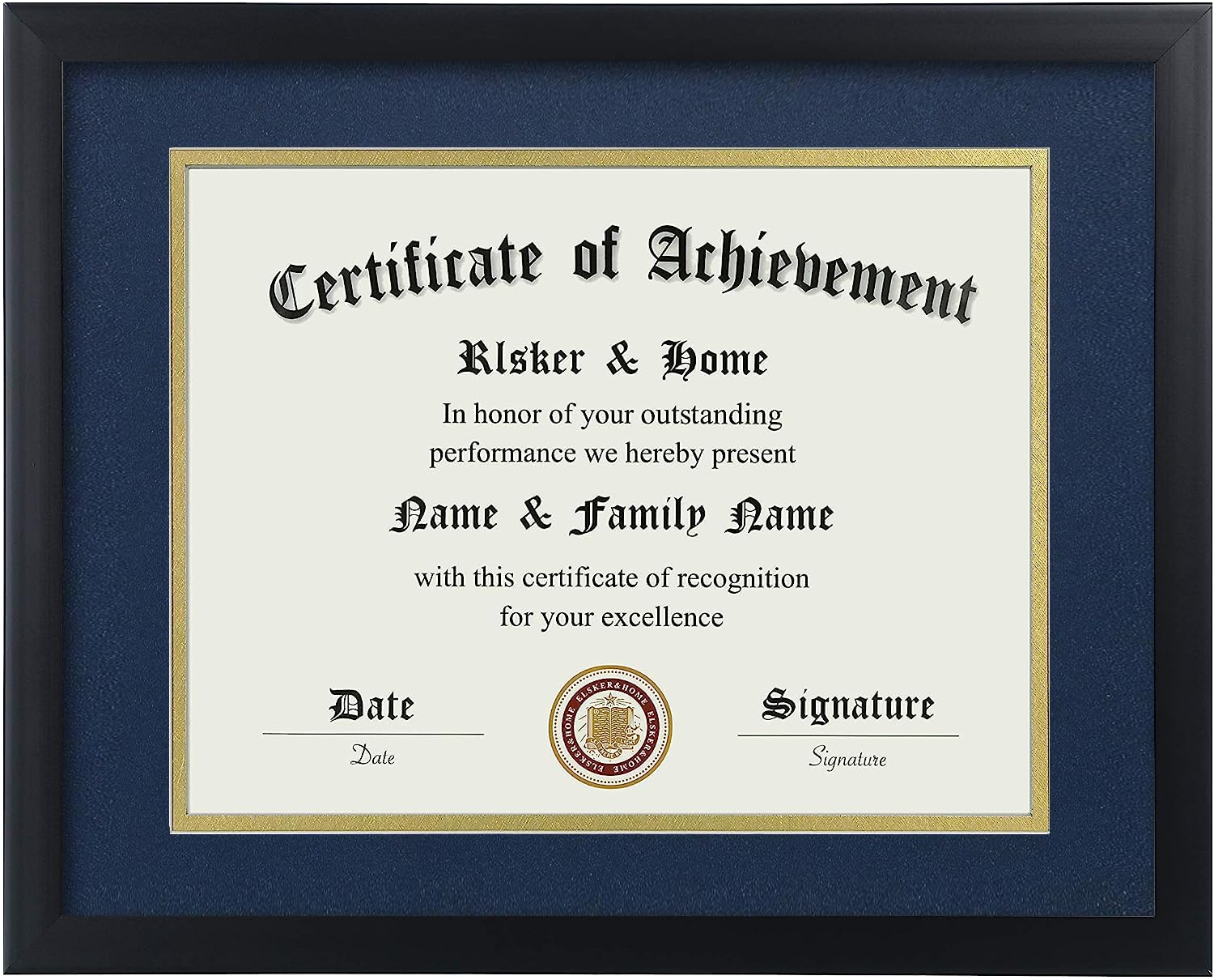 ELSKER&HOME 8.5x11 Certificate Frame with Blue Mat- Classic Black Color Frame - Displays Diploma 8.5x11 Inch with Mat - 11x14 Inch Without Mat - For Document/Photo(Double Mat Blue with Gold Rim)