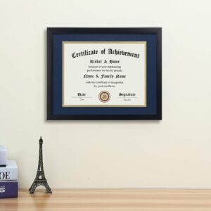 ELSKER&HOME 8.5x11 Certificate Frame with Blue Mat- Classic Black Color Frame - Displays Diploma 8.5x11 Inch with Mat - 11x14 Inch Without Mat - For Document/Photo(Double Mat Blue with Gold Rim)