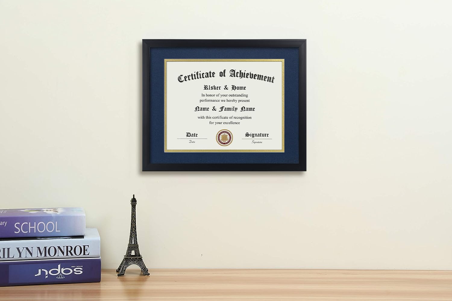 ELSKER&HOME 8.5x11 Certificate Frame with Blue Mat- Classic Black Color Frame - Displays Diploma 8.5x11 Inch with Mat - 11x14 Inch Without Mat - For Document/Photo(Double Mat Blue with Gold Rim)