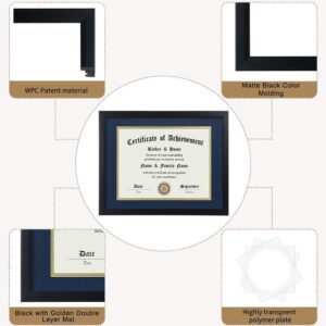 ELSKER&HOME 8.5x11 Certificate Frame with Blue Mat- Classic Black Color Frame - Displays Diploma 8.5x11 Inch with Mat - 11x14 Inch Without Mat - For Document/Photo(Double Mat Blue with Gold Rim)