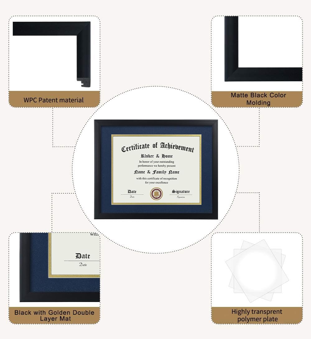 ELSKER&HOME 8.5x11 Certificate Frame with Blue Mat- Classic Black Color Frame - Displays Diploma 8.5x11 Inch with Mat - 11x14 Inch Without Mat - For Document/Photo(Double Mat Blue with Gold Rim)