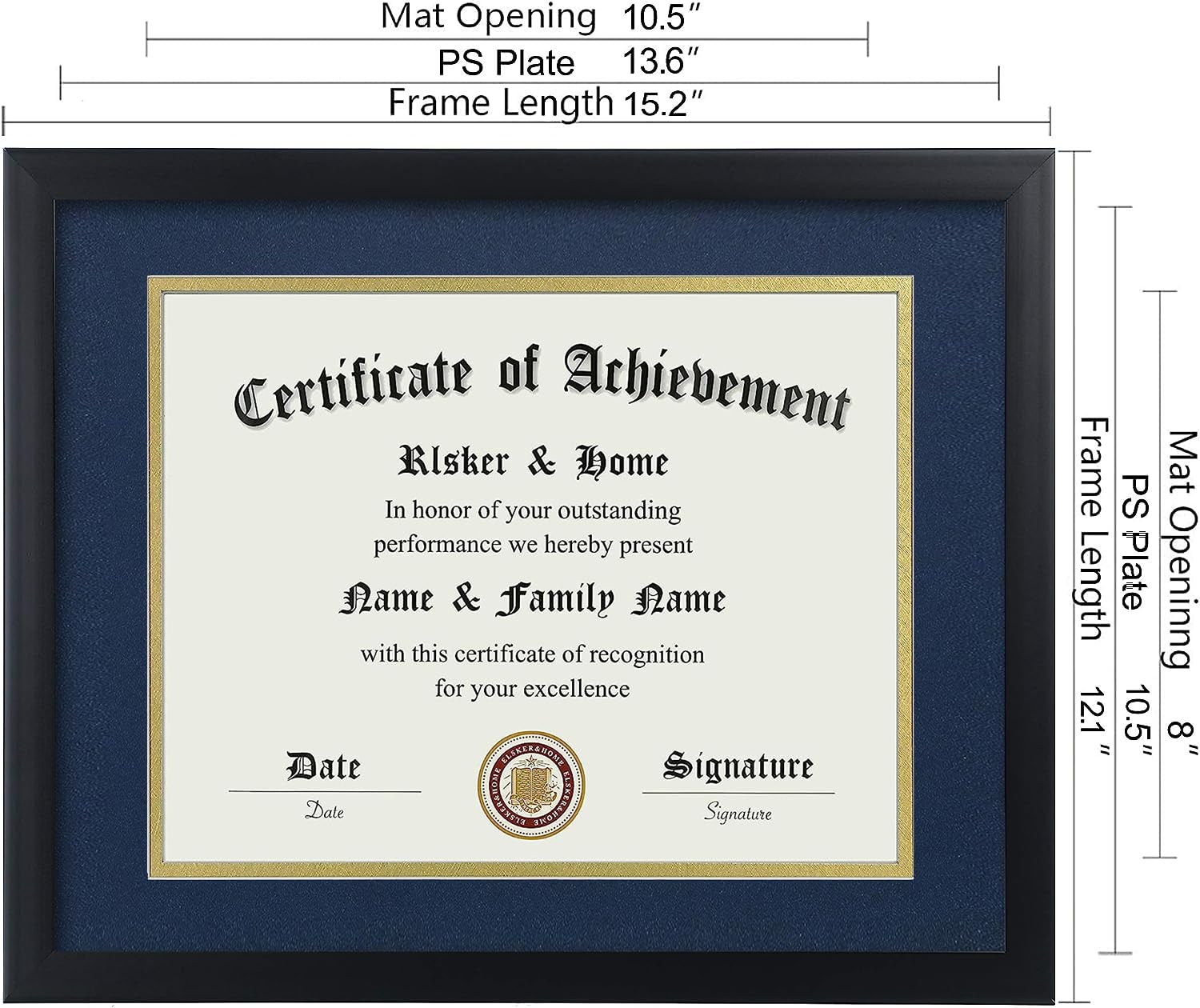 ELSKER&HOME 8.5x11 Certificate Frame with Blue Mat- Classic Black Color Frame - Displays Diploma 8.5x11 Inch with Mat - 11x14 Inch Without Mat - For Document/Photo(Double Mat Blue with Gold Rim)