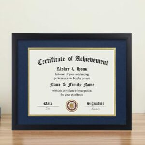 ELSKER&HOME 8.5x11 Certificate Frame with Blue Mat- Classic Black Color Frame - Displays Diploma 8.5x11 Inch with Mat - 11x14 Inch Without Mat - For Document/Photo(Double Mat Blue with Gold Rim)