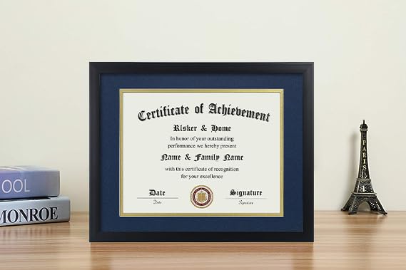 ELSKER&HOME 8.5x11 Certificate Frame with Blue Mat- Classic Black Color Frame - Displays Diploma 8.5x11 Inch with Mat - 11x14 Inch Without Mat - For Document/Photo(Double Mat Blue with Gold Rim)