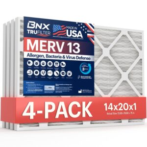 bnx trufilter 14x20x1 air filter merv 13 (4-pack) - made in usa - electrostatic pleated air conditioner hvac ac furnace filters for allergies, pollen, mold, bacteria, smoke, allergen, mpr 1900 fpr 10