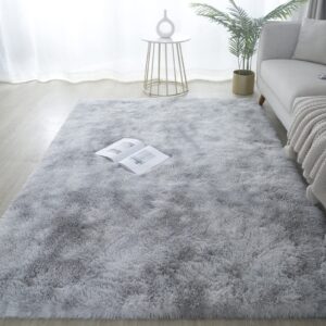 gerbit shag area rug 9x12 feet soft indoor rectangular rugs carpet modern luxury plush rugs for living room home decor tie-dyed light gray