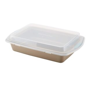 rachael ray cucina nonstick baking pan / cake pan with lid and grips, rectangle - 9 inch x 13 inch, brown