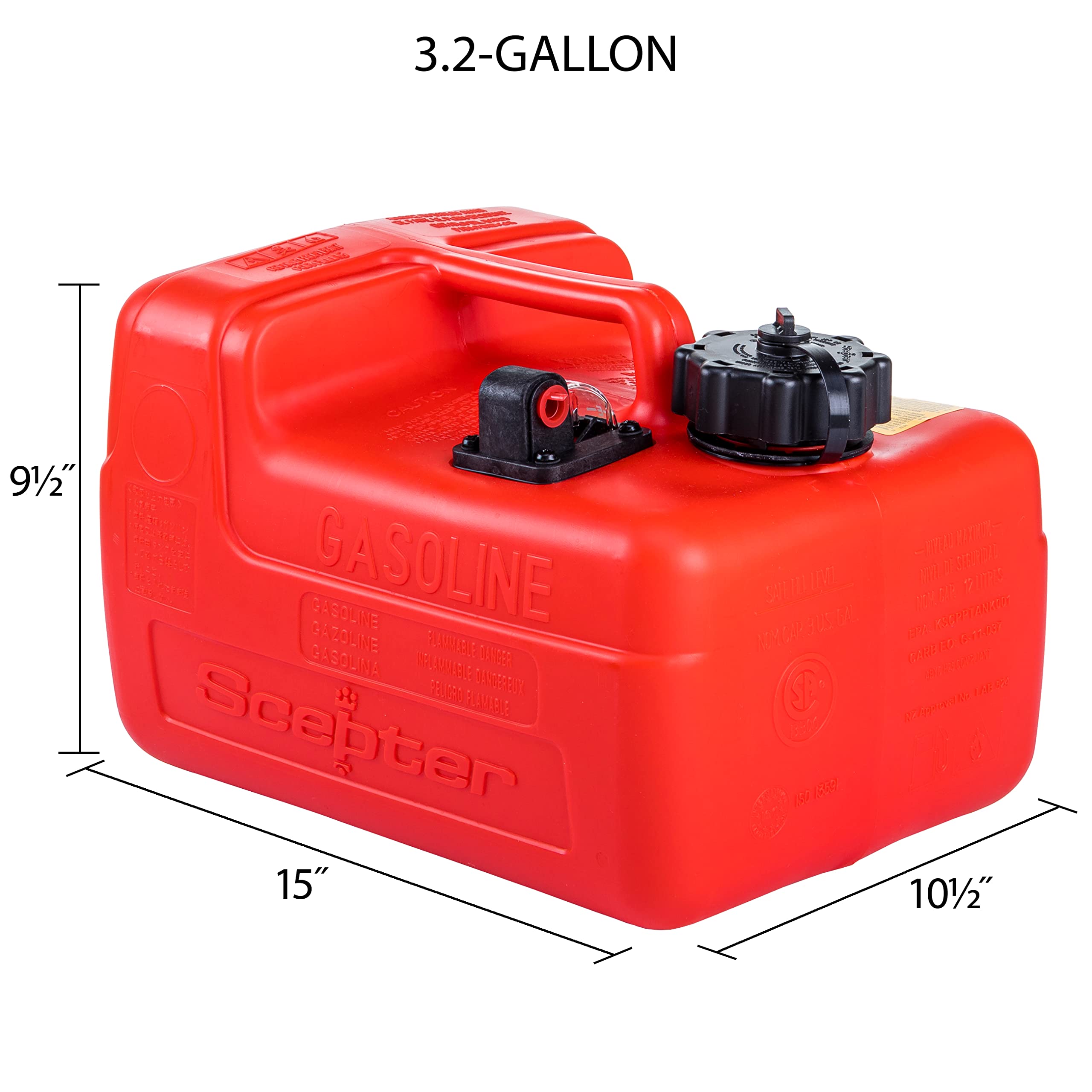 Scepter 08576 OEM Portable 3.2 Gallon Marine Fuel Tank For Outboard Engine Boats, 14-Inches x 10-1/2-Inches, x 9-Inches, Red