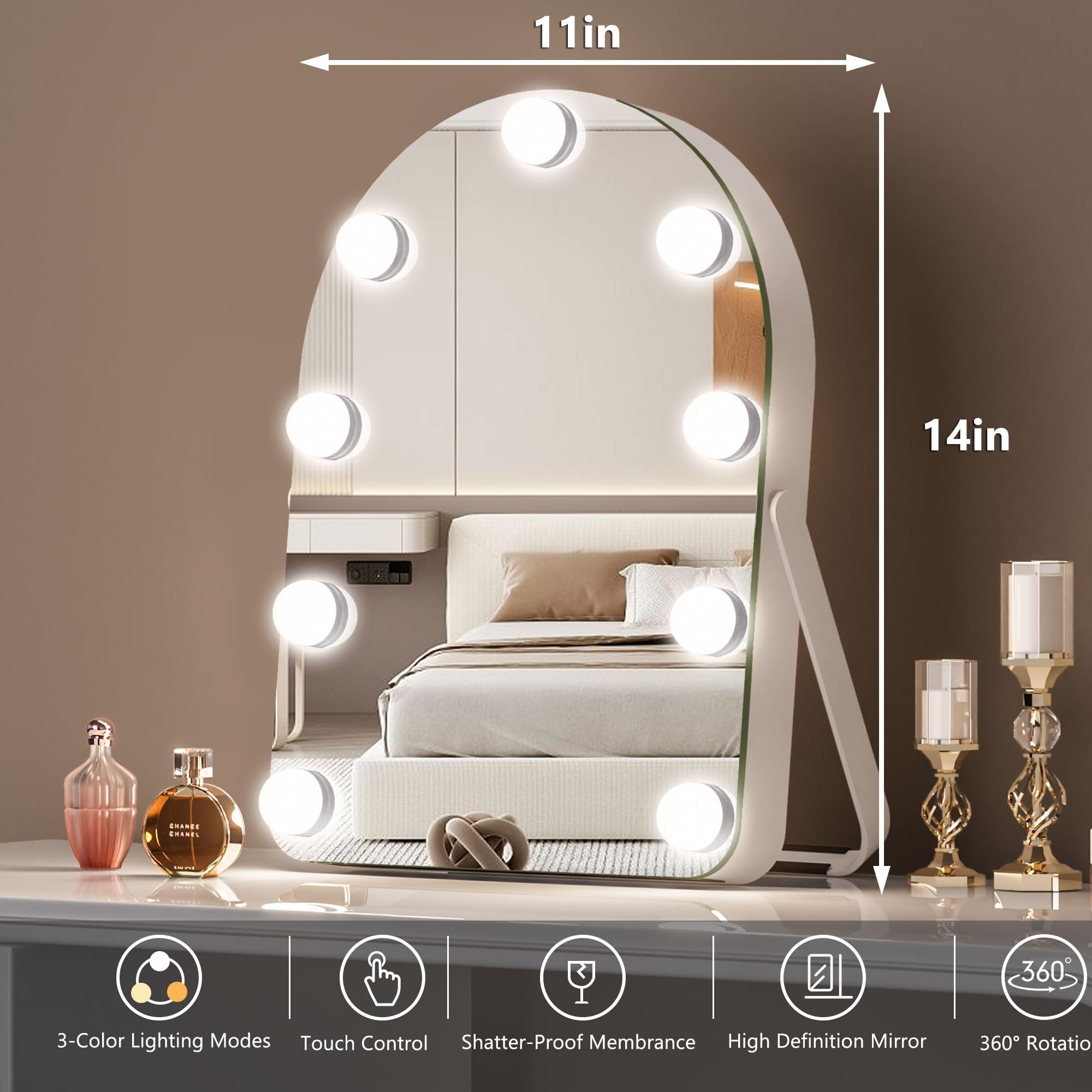 Hasipu Vanity Mirror with Lights, 11" x 14" Hollywood Mirror, Makeup Mirror with 9 Dimmable Bulbs and 3 Colors Modes, Touch Control,White