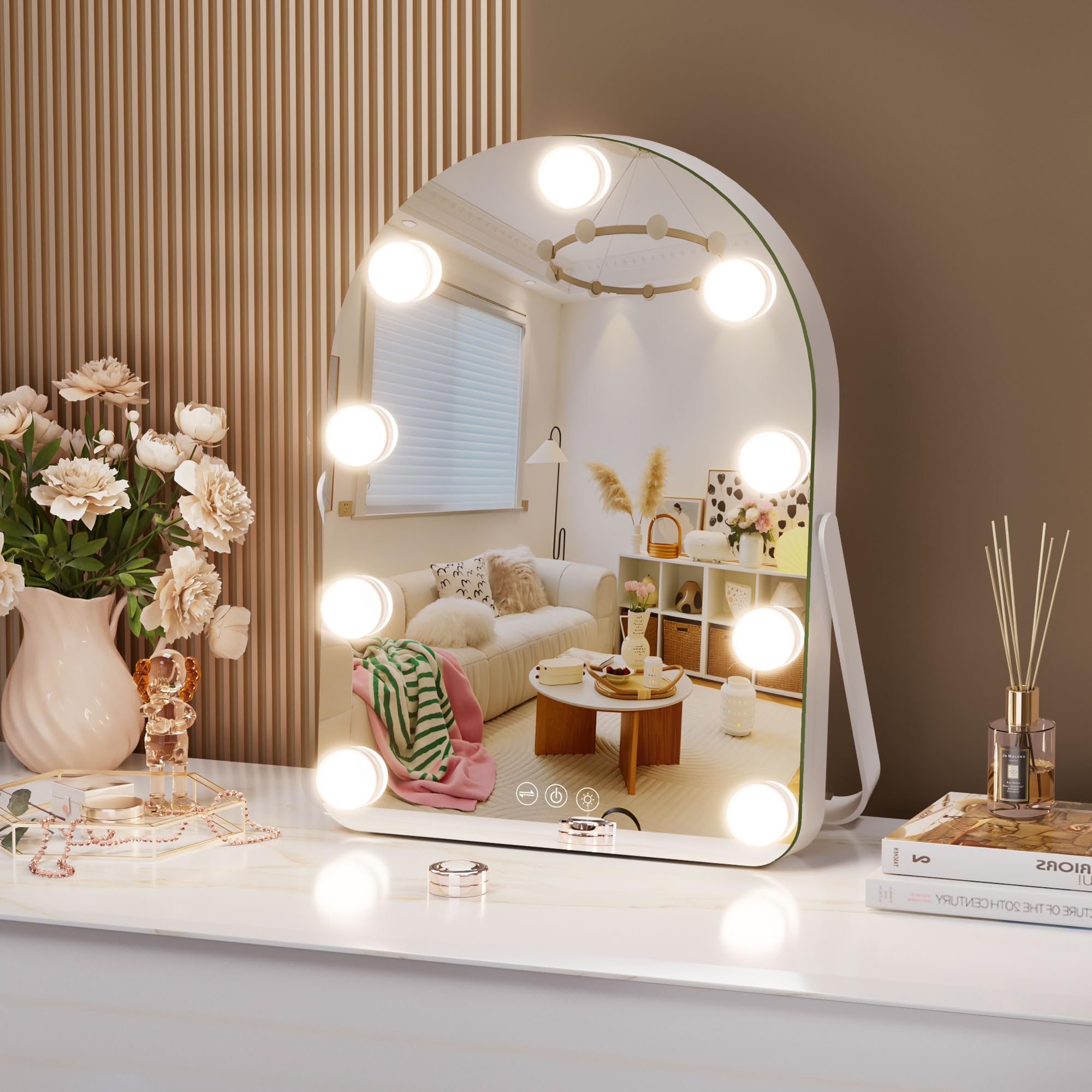 Hasipu Vanity Mirror with Lights, 11" x 14" Hollywood Mirror, Makeup Mirror with 9 Dimmable Bulbs and 3 Colors Modes, Touch Control,White