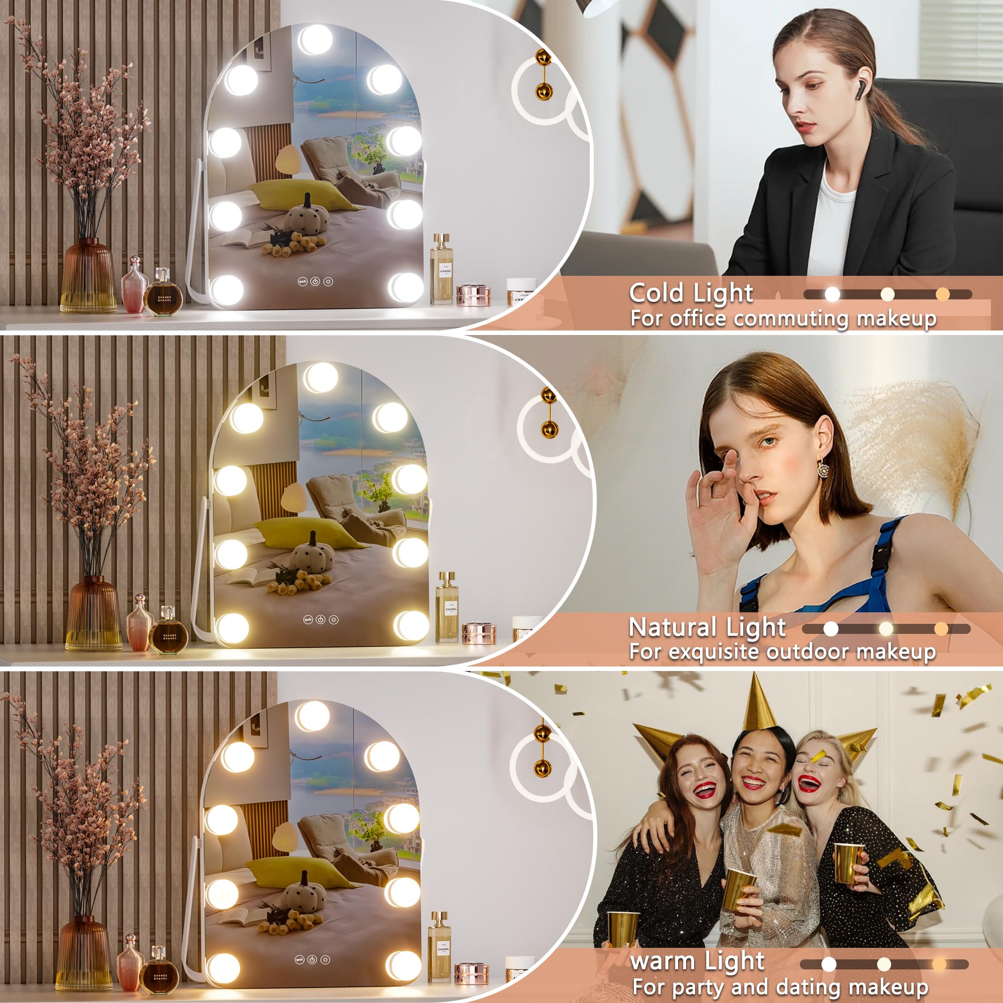 Hasipu Vanity Mirror with Lights, 11" x 14" Hollywood Mirror, Makeup Mirror with 9 Dimmable Bulbs and 3 Colors Modes, Touch Control,White