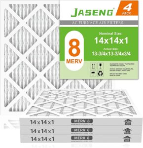 14x14x1 ac furnace air filters, merv 8 dust defense (4-pack), jaseng mpr 600 pleated hvac air filter replacement (exact dimensions: 13 3/4"x13 3/4"x3/4")