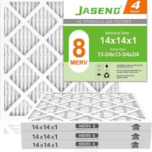 14x14x1 AC Furnace Air Filters, MERV 8 Dust Defense (4-Pack), JASENG MPR 600 Pleated HVAC Air Filter Replacement (exact dimensions: 13 3/4"x13 3/4"x3/4")