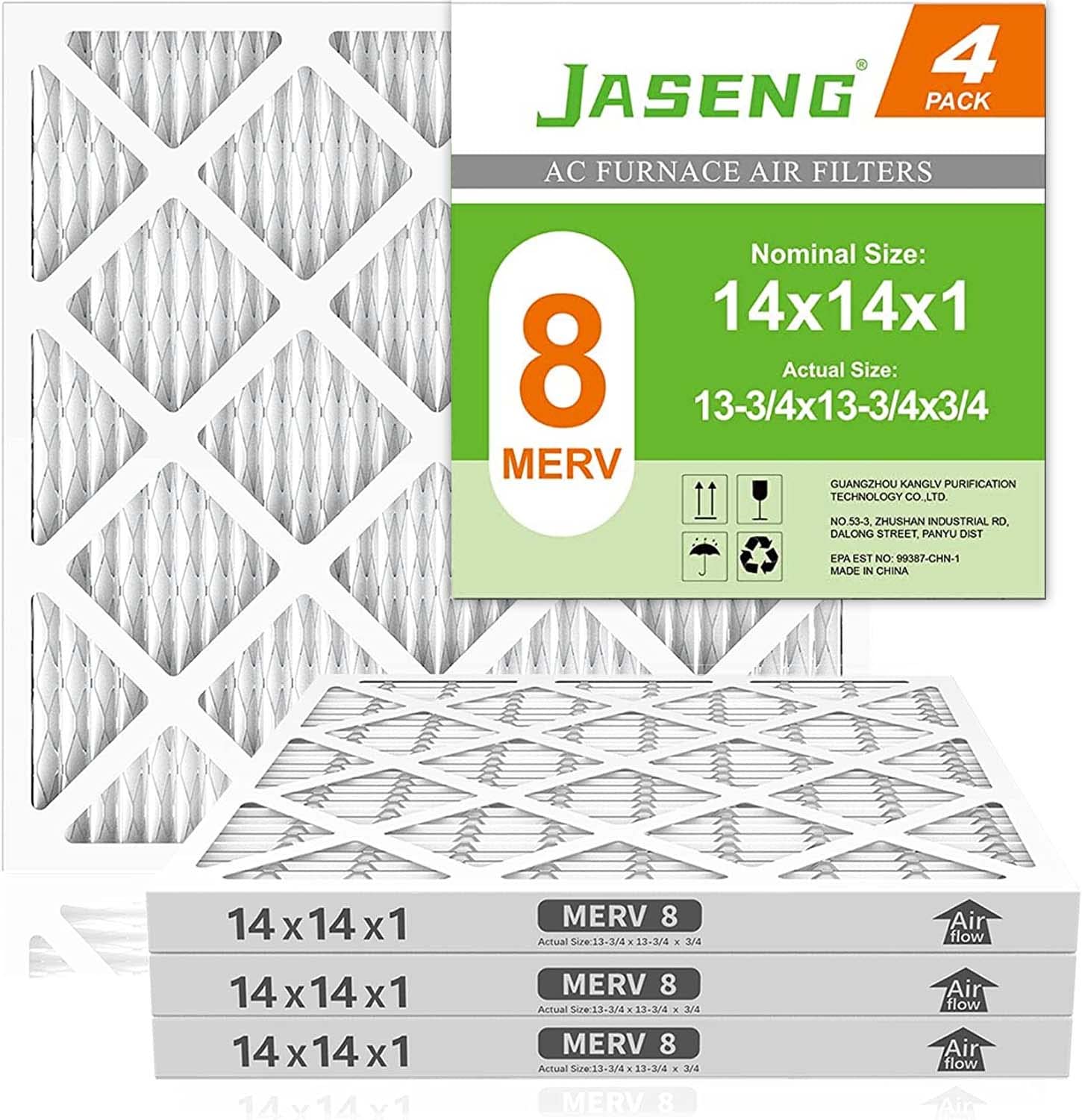 14x14x1 AC Furnace Air Filters, MERV 8 Dust Defense (4-Pack), JASENG MPR 600 Pleated HVAC Air Filter Replacement (exact dimensions: 13 3/4"x13 3/4"x3/4")