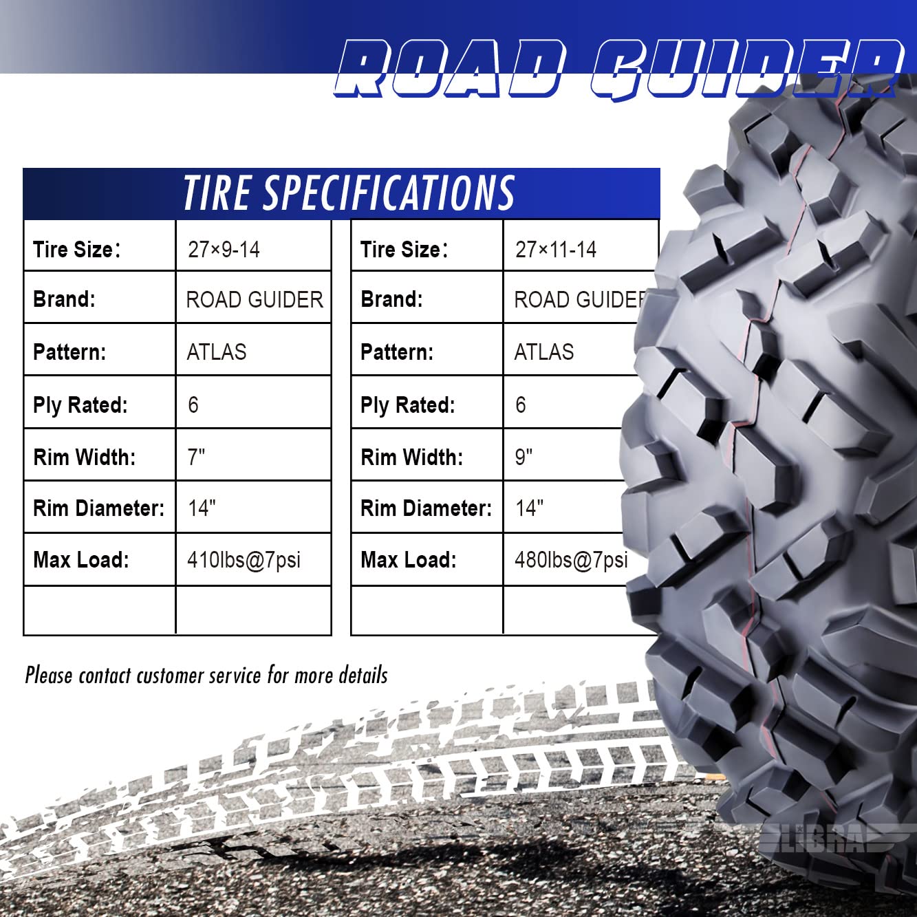 ROADGUIDER Full Set ATV UTV Tires 27x9-14 27x9x14 Front & 27x11-14 27x11x14 Rear 6PR All Terrain