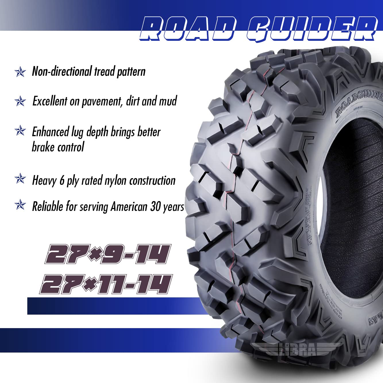 ROADGUIDER Full Set ATV UTV Tires 27x9-14 27x9x14 Front & 27x11-14 27x11x14 Rear 6PR All Terrain