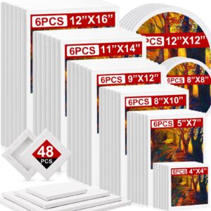 qilery 48 pcs stretched canvas multipack for painting, 4x4'', 5x7'', 8x10'', 9x12'', 11x14'', 12x16'', 12x12'', 8x8'', 6 of each, cotton white blank canvas boards kid art panels for oil acrylic